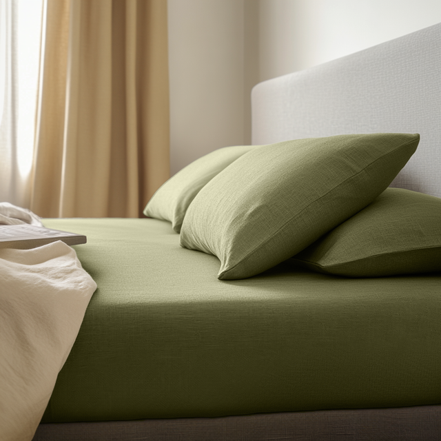 Olive Green Extra Deep Fitted Sheet - 100% Linen - Single, Long Single ...