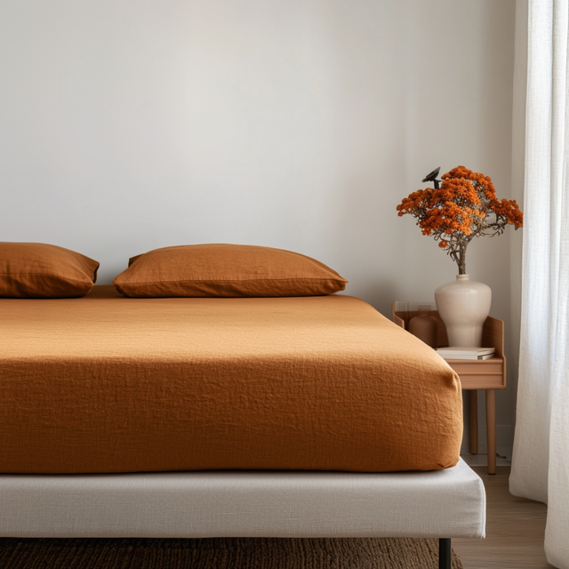 Terracotta Washed Linen Heavyweight Extra Deep Fitted Sheet - 100% ...