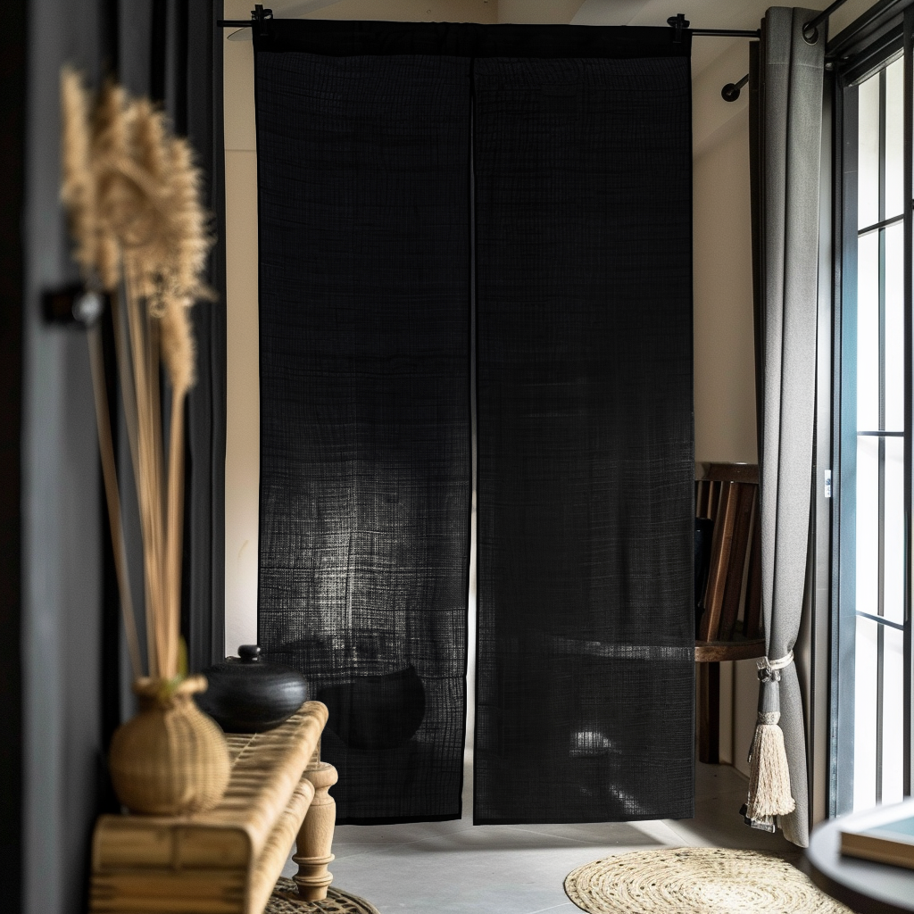 Black 100% Linen Noren Curtain - Japanese Curtains - Noren Drapes ...