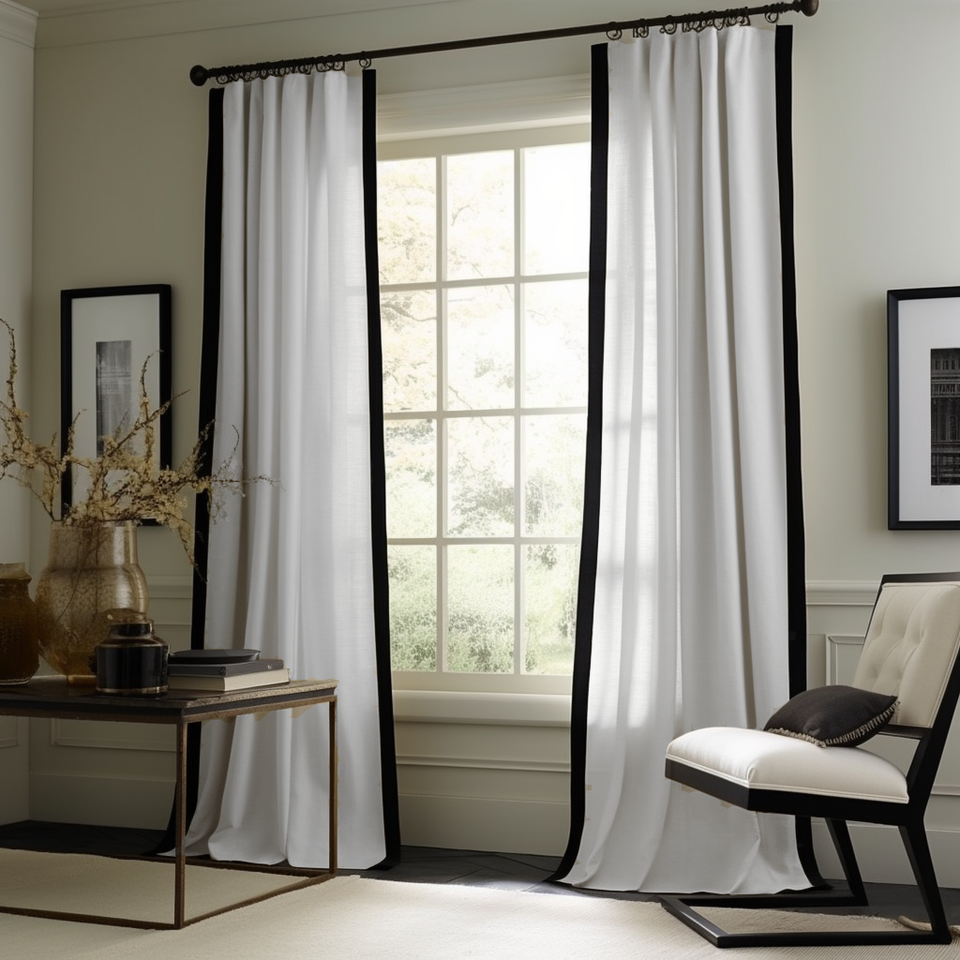 Black and White Frame Border S-Fold 100% Linen Curtains - Custom Width ...