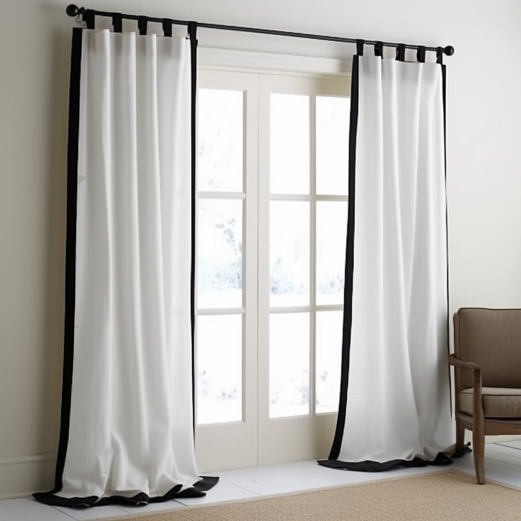 Black and White Frame Border Tab Top 100% Linen Curtains - Custom Width ...