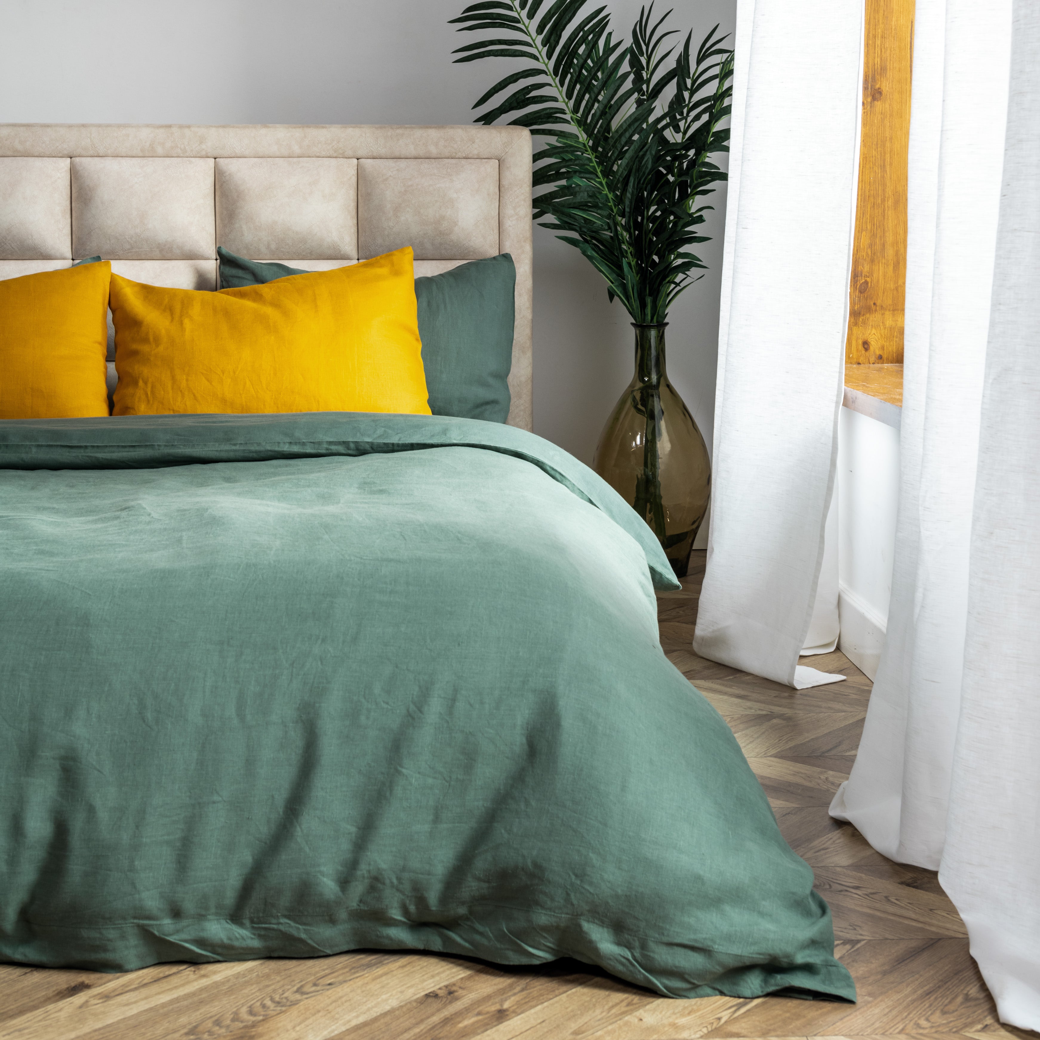 Dark Green Linen Quilt Cover - Zipper or Button Closure - Single, Doub