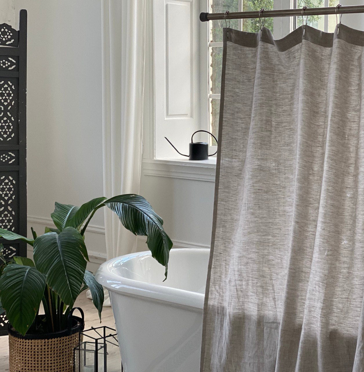 Linen Shower Curtain– Simple Linen Bathroom Panel – Gray, White, Black
